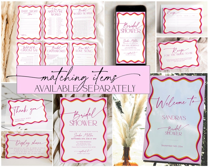 Open Bar Sign Wavy Border Bridal Shower, Modern Pink Bach Party Drinks ...