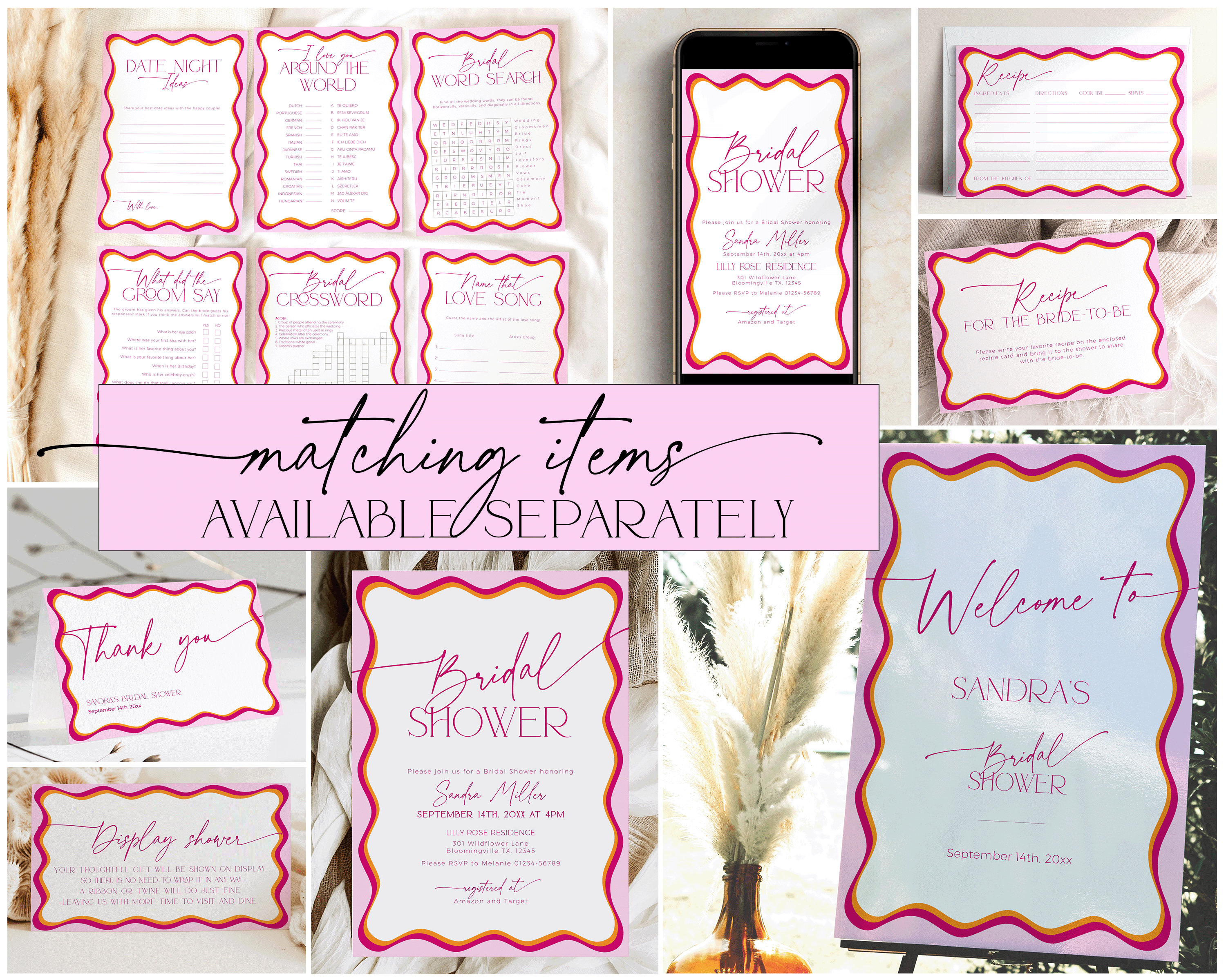 Pink Wavy Border Cards and Gifts Sign Bridal Shower, Modern Baby Party ...