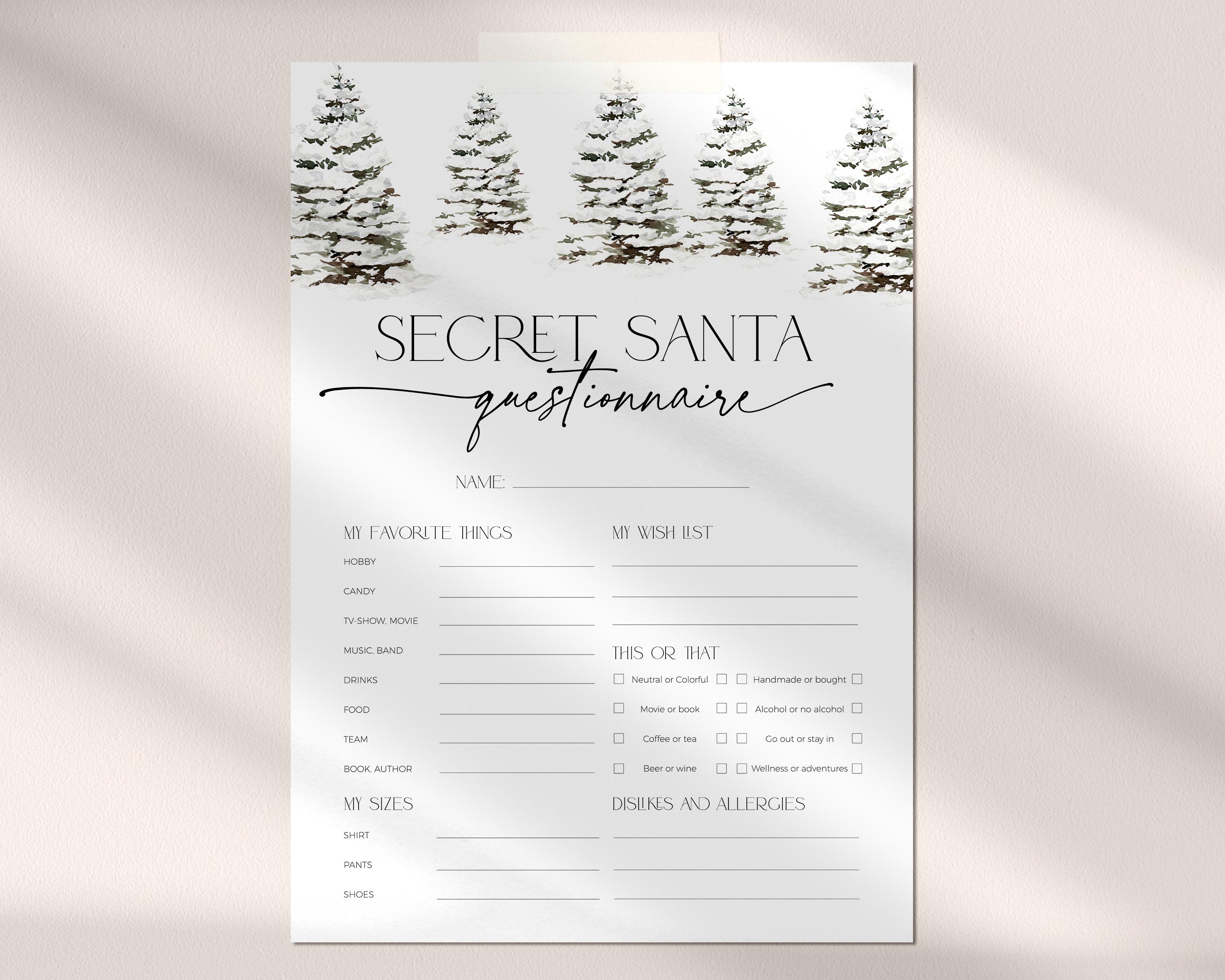 Secret Santa Questionnaire Template, Printable Office Christmas Party ...
