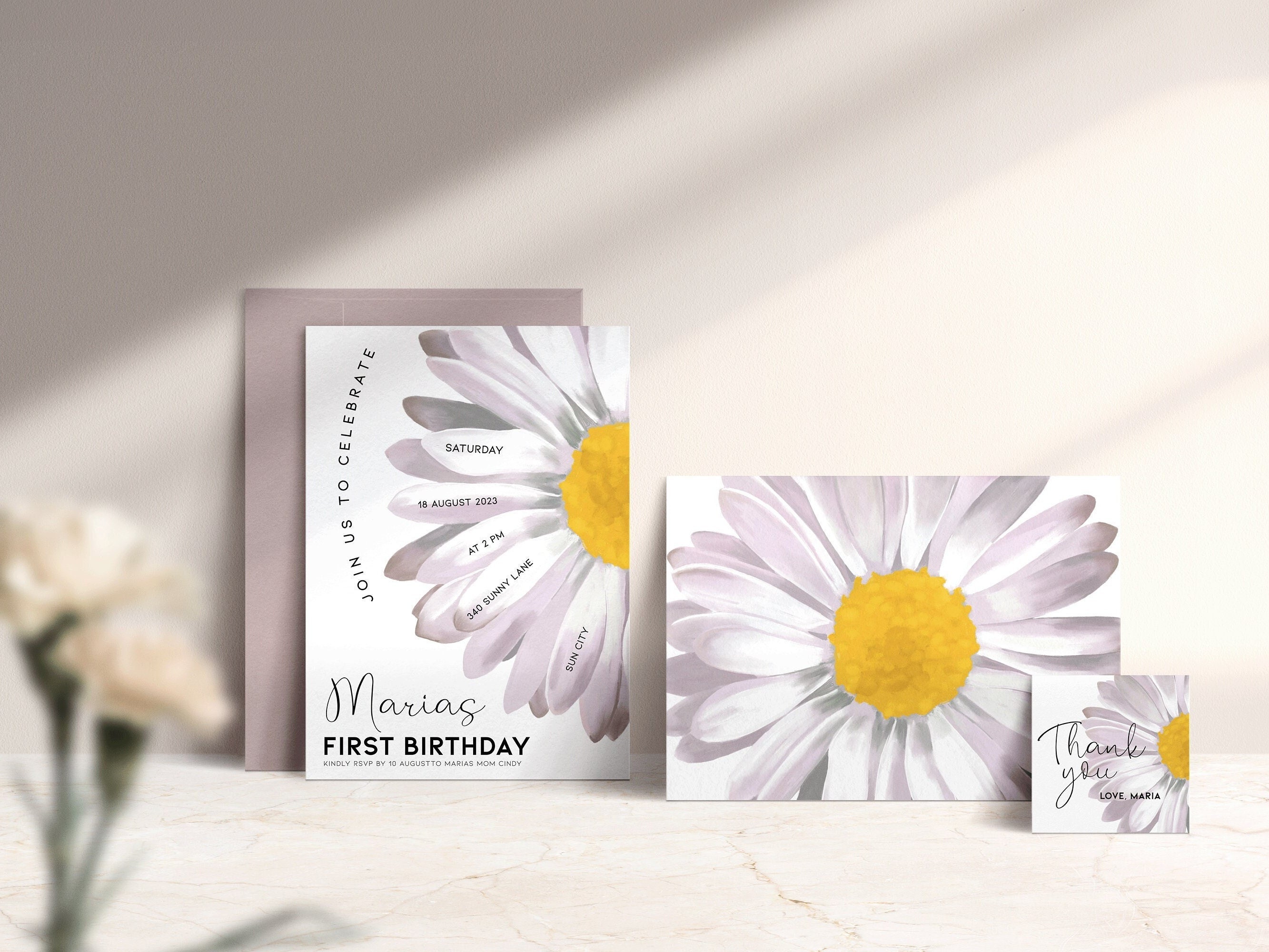 Printable Modern Daisy Birthday Invitation, Editable Neutral Flower ...