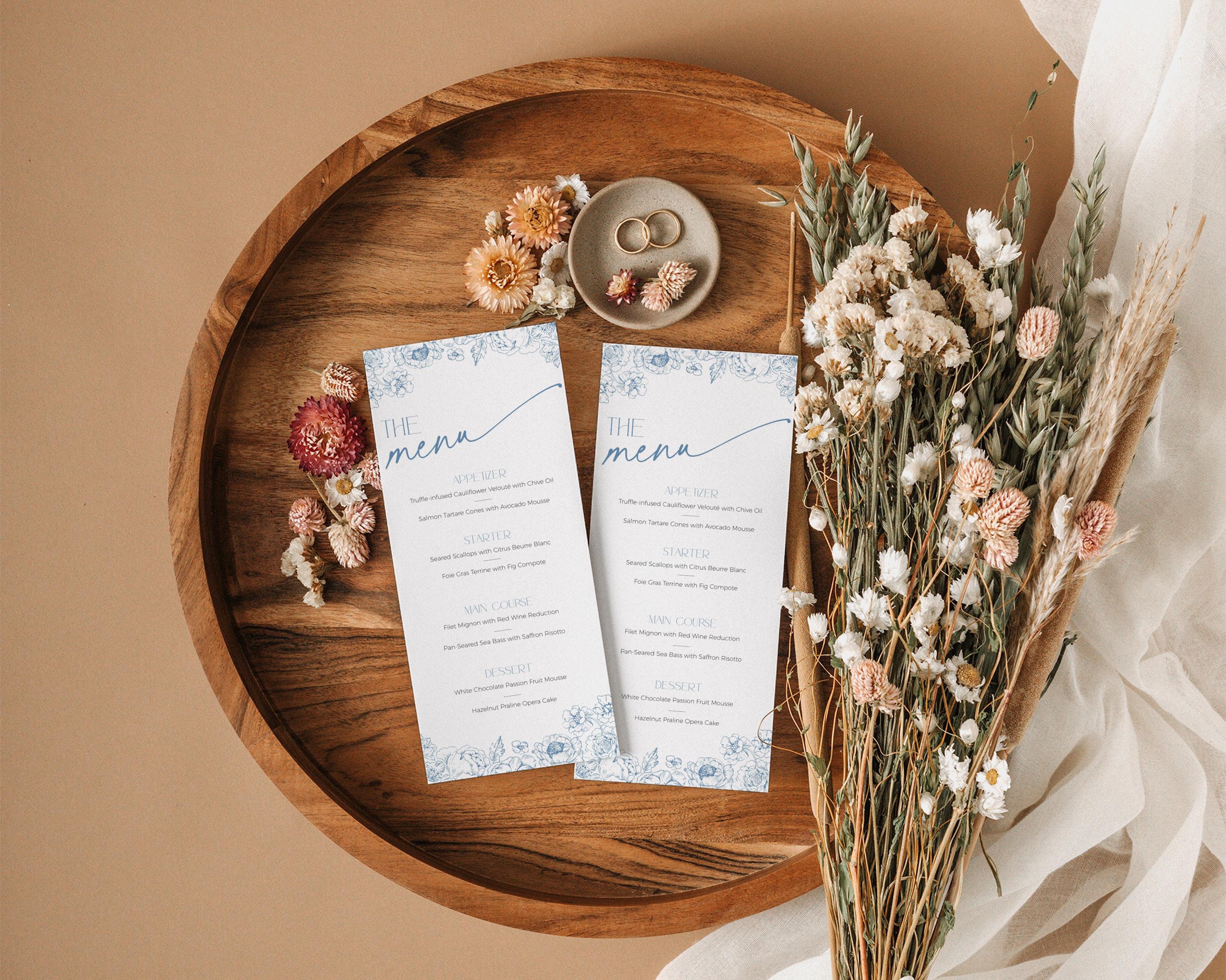 Dusty Blue Toile De Jouy Menu Card, Wildflower Bridal Shower Buffet ...