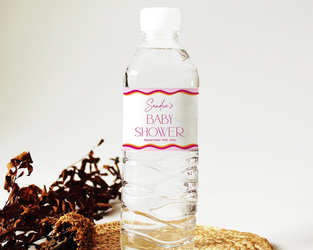 Wavy Border Water Bottle Label Template, Girl Baby Shower, Hot Pink ...
