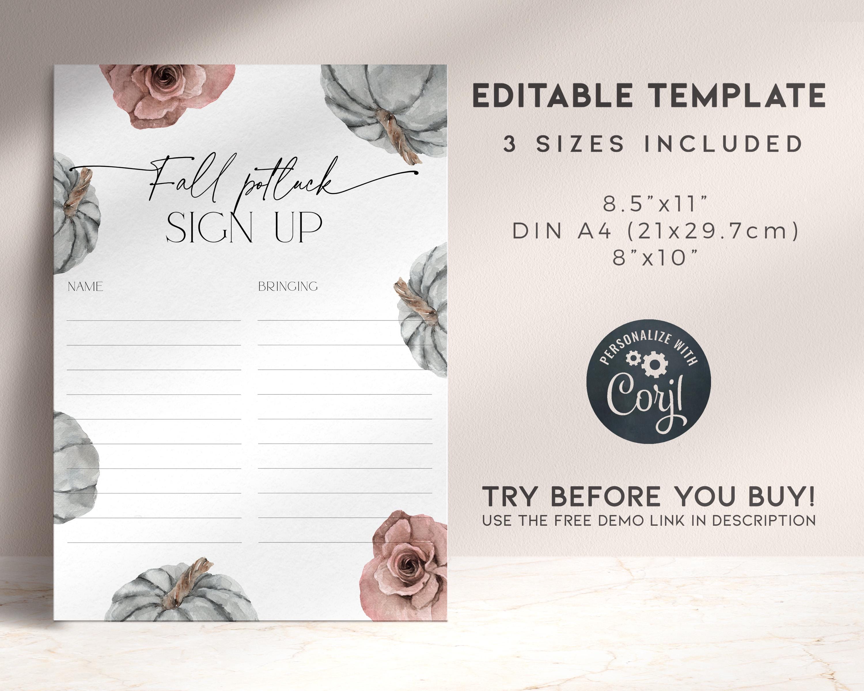 Fall Potluck Sign up Sheet Template, Thanksgiving Food List Pumpkin ...