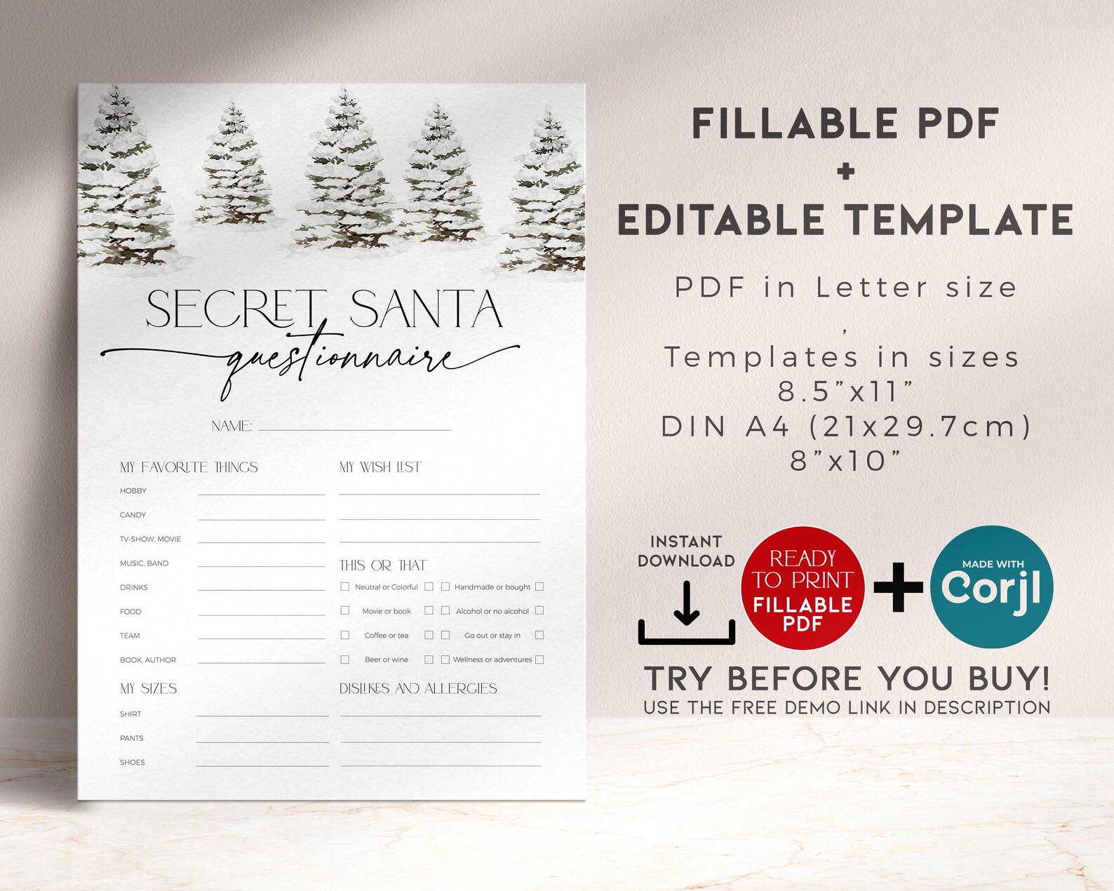 Secret Santa Questionnaire Template, Printable Office Christmas Party ...