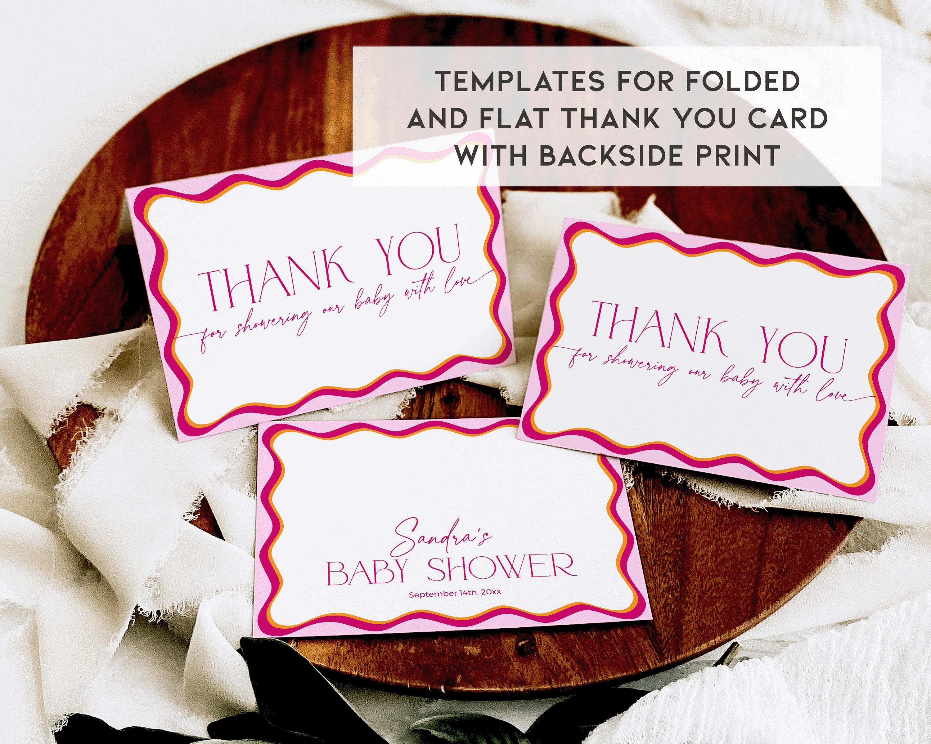 Wavy Border Baby Shower Thank You Note INSTANT DOWNLOAD, Fuchsia Pink ...