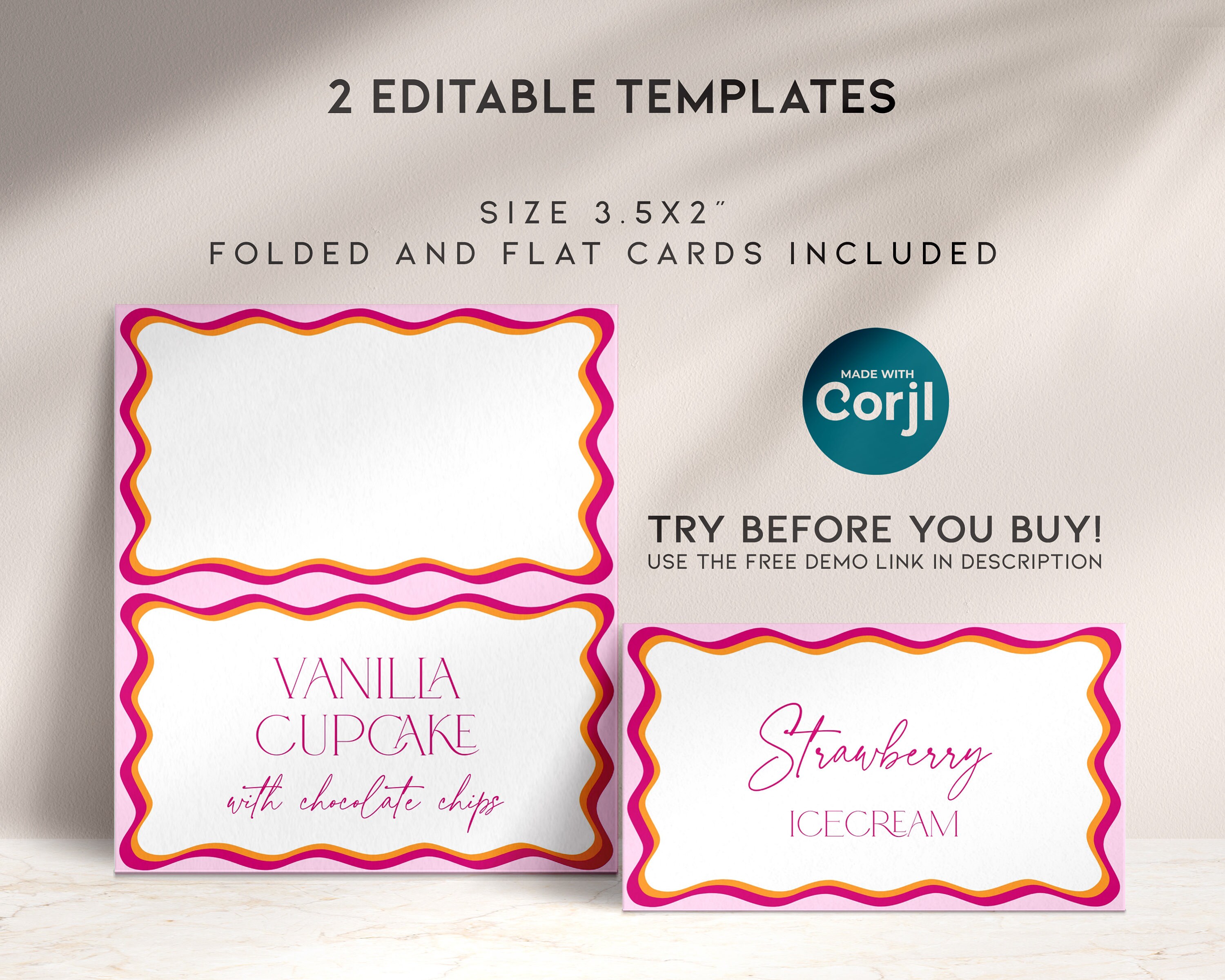 Pink Wavy Border Buffet Cards Bridal Shower, Modern Bachelorette Tent ...