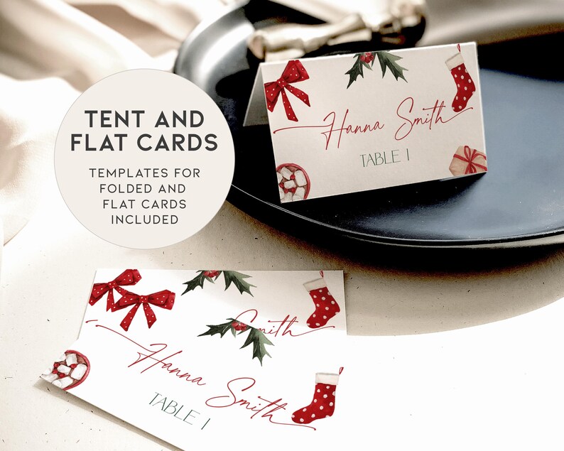 Christmas Place Cards Template Folded, Red Xmas Dinner Party Tent Name ...