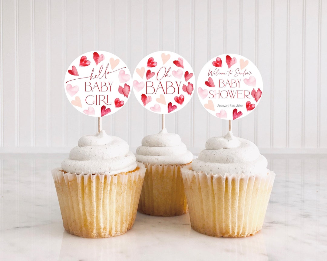 Red Hearts Valentine Baby Shower Cupcake Topper Template, February ...