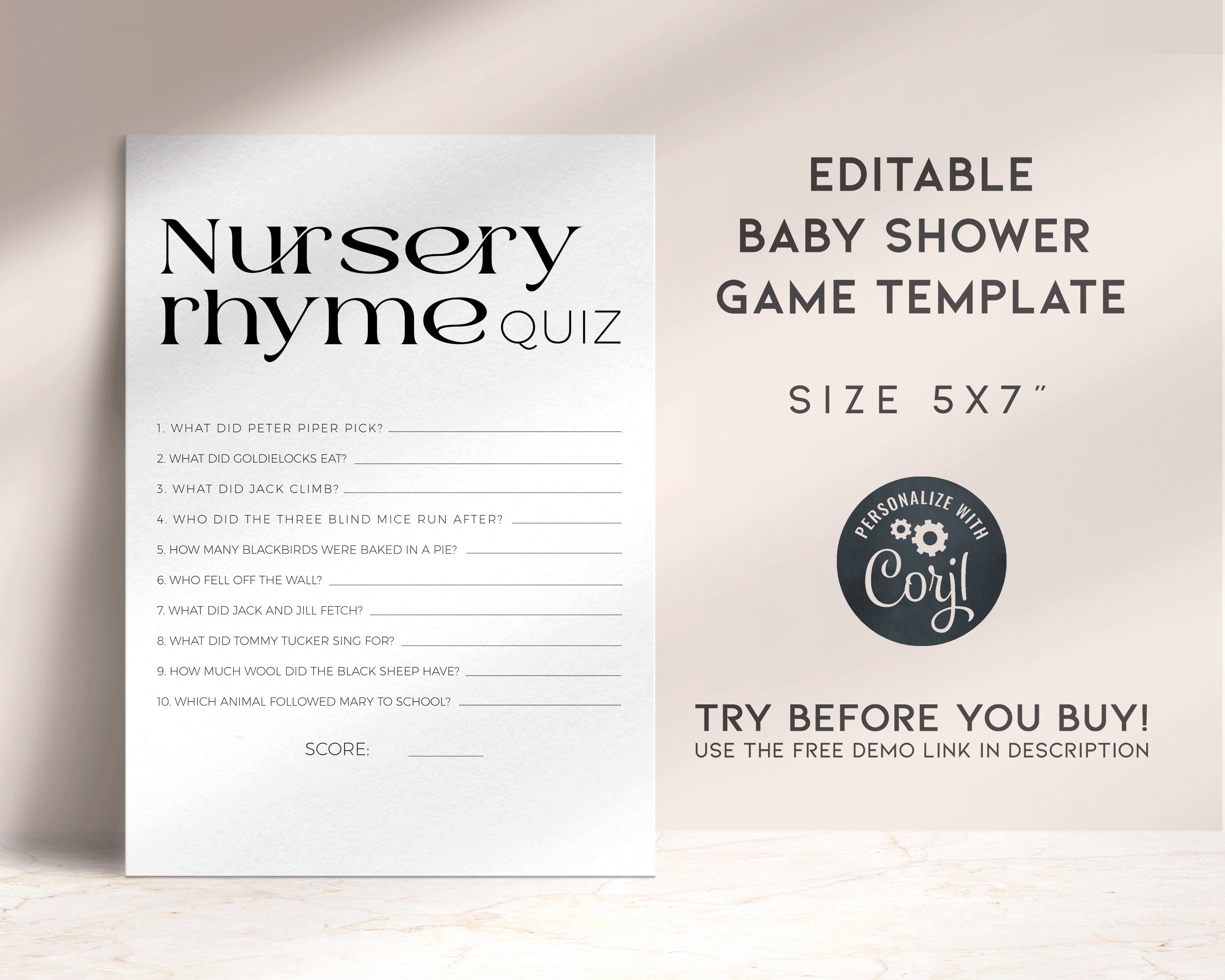 Baby Shower Games Nursery Rhyme PRINTABLE Lullaby Quiz With Answer Key ...