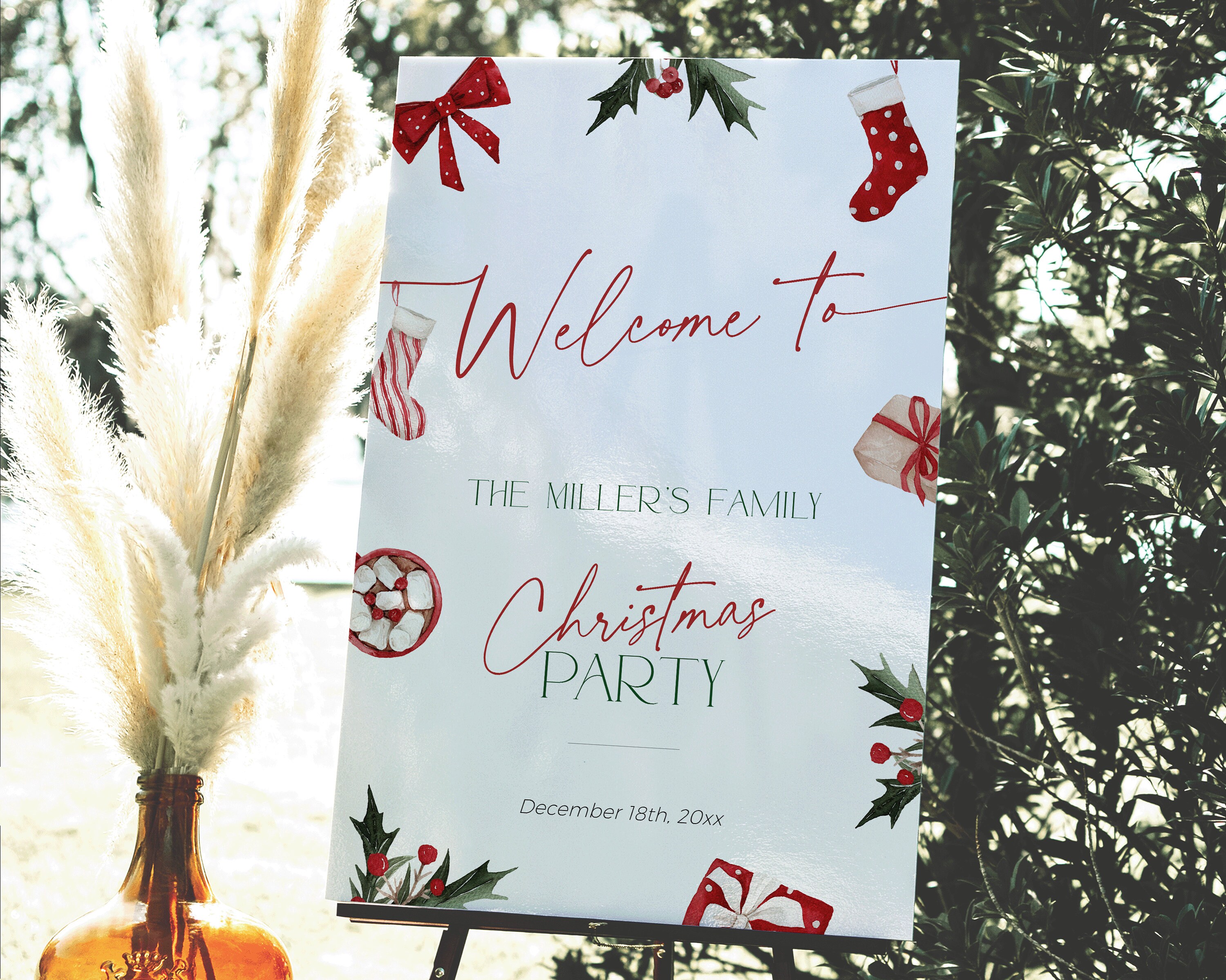 Christmas Party Welcome Sign Printable, Red Green Holiday Event Signage ...