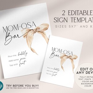 Beige Bow Mom-osa Bar Sign, Coquette Gender Neutral Baby Shower ...