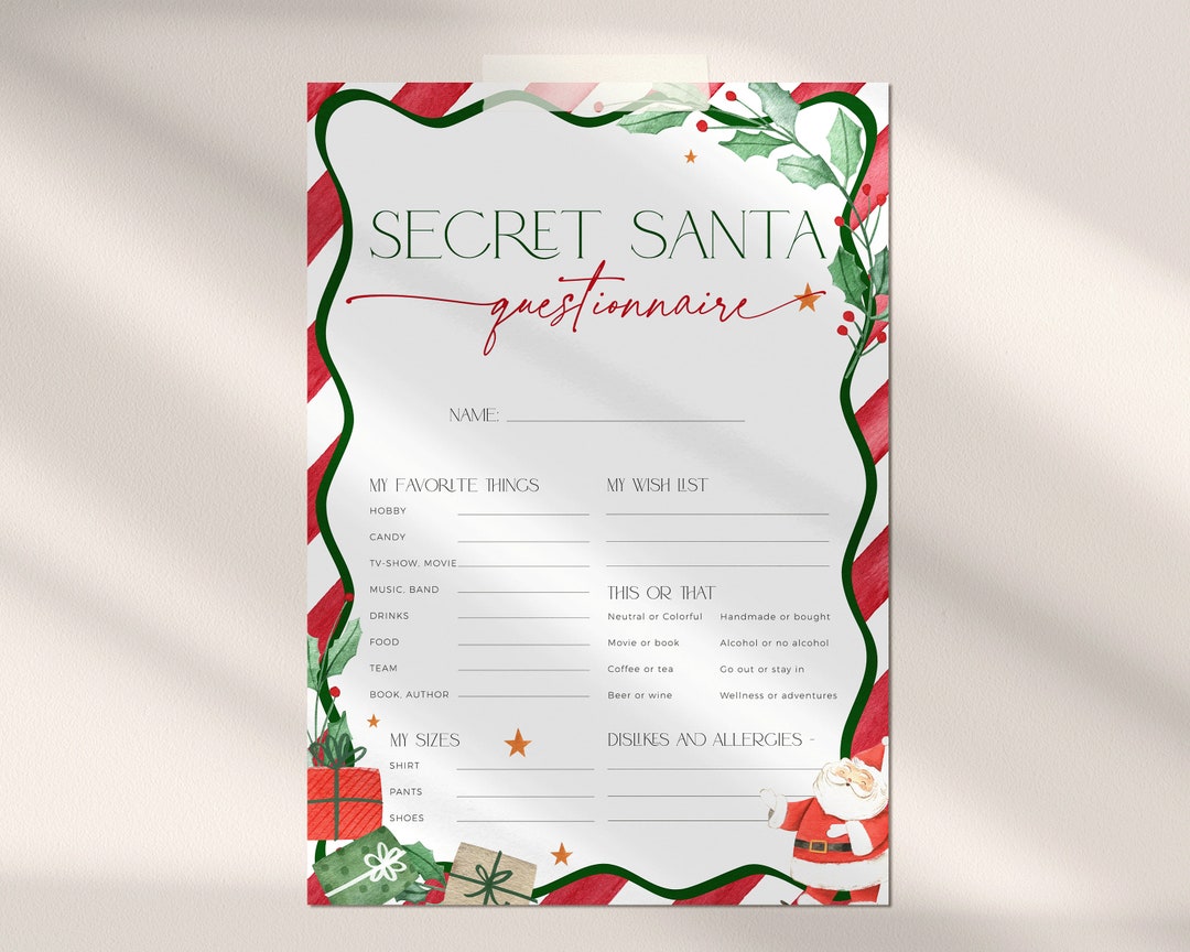 Secret Santa Questionnaire Kids Printable, Boho Christmas Wish List ...