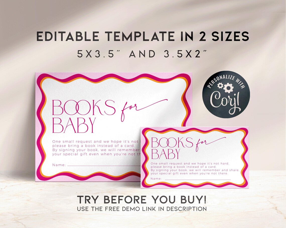 Wavy Baby Shower Books for Baby Request Invite Insert, Editable Girl ...
