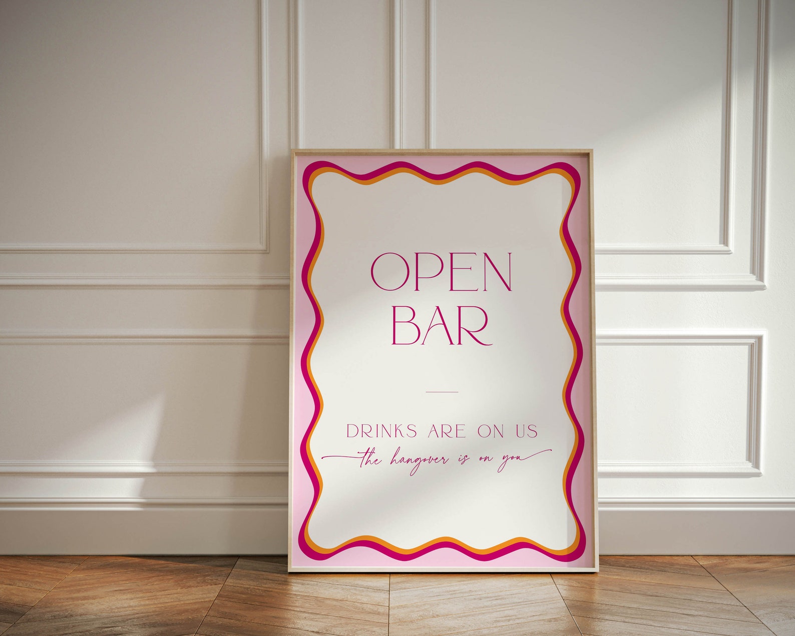 Open Bar Sign Wavy Border Bridal Shower, Modern Pink Bach Party Drinks ...