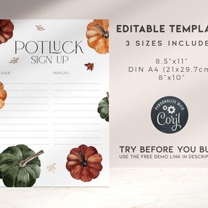 Thanksgiving Sign up Sheet Colorful Pumpkin, Fall Food Potluck List ...