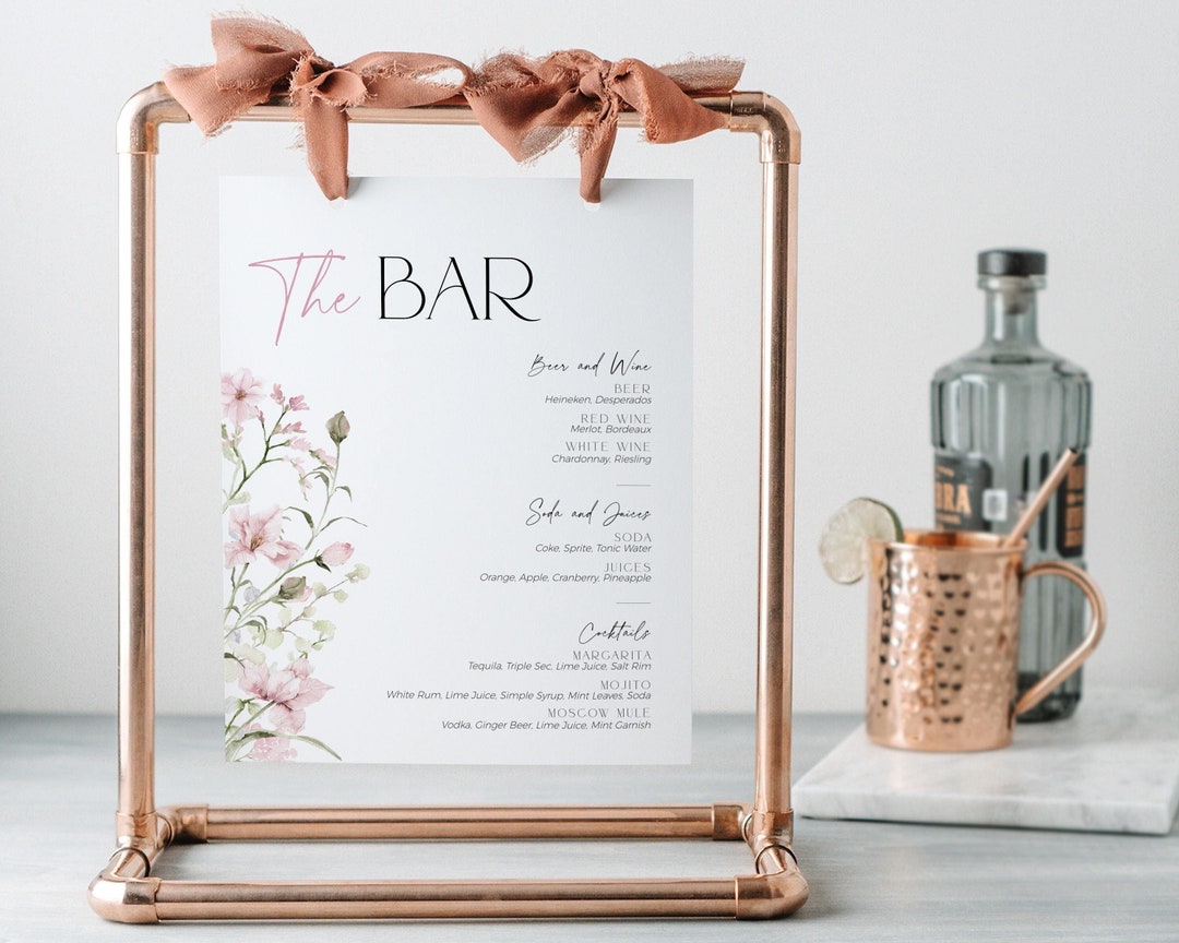Blush Pink Bar Menu Sign Bridal Shower Brunch, Love in Bloom Wedding ...