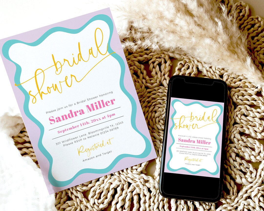 Colorful Bridal Shower Invite, Wavy Border Bachelorette Invitation ...