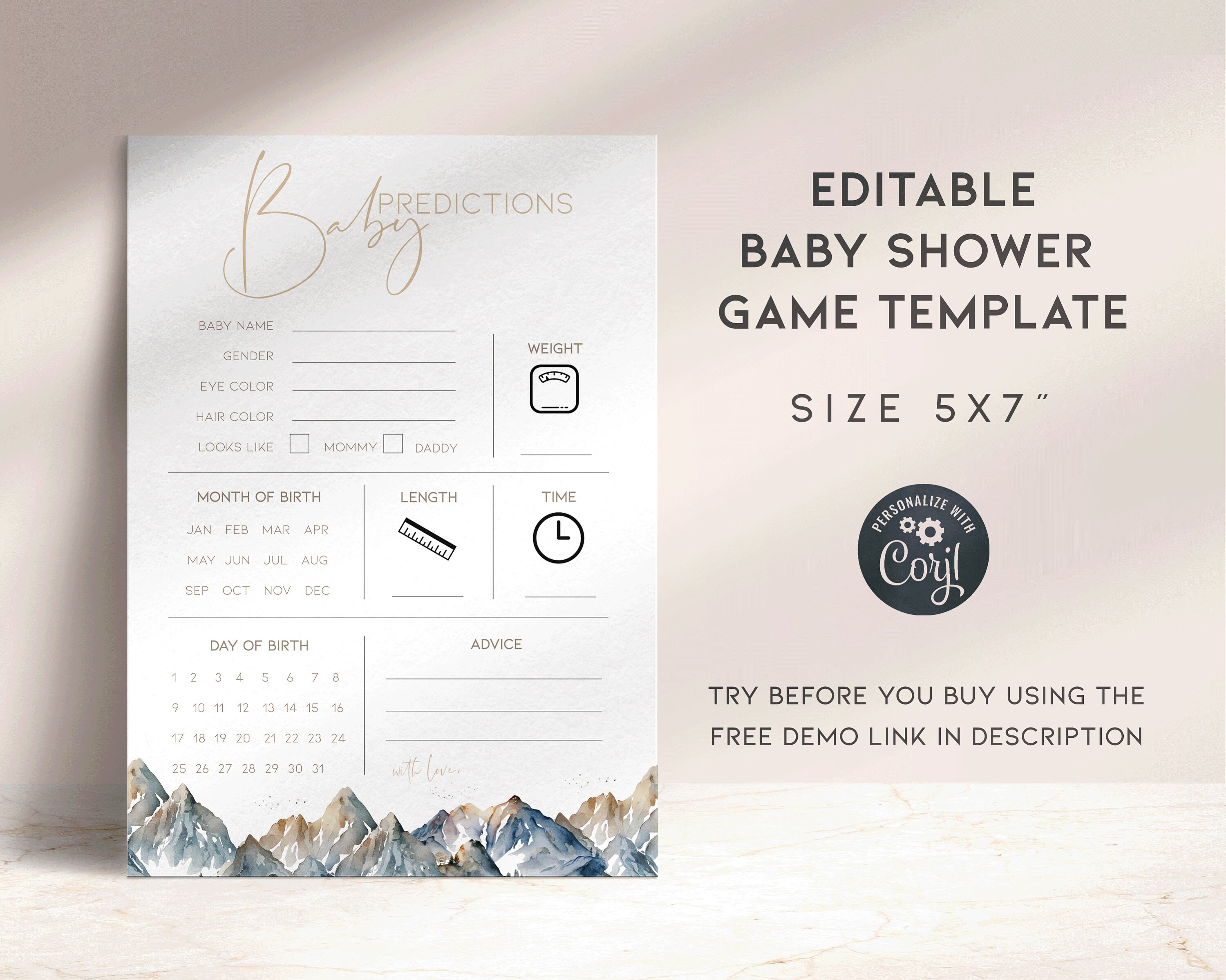 Baby Shower Games Baby Predictions Card, Mountain Themed Funny Baby ...