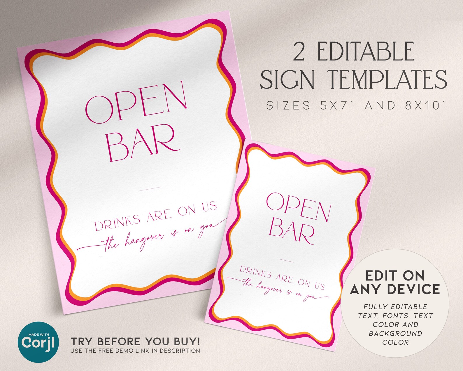 Open Bar Sign Wavy Border Bridal Shower, Modern Pink Bach Party Drinks ...