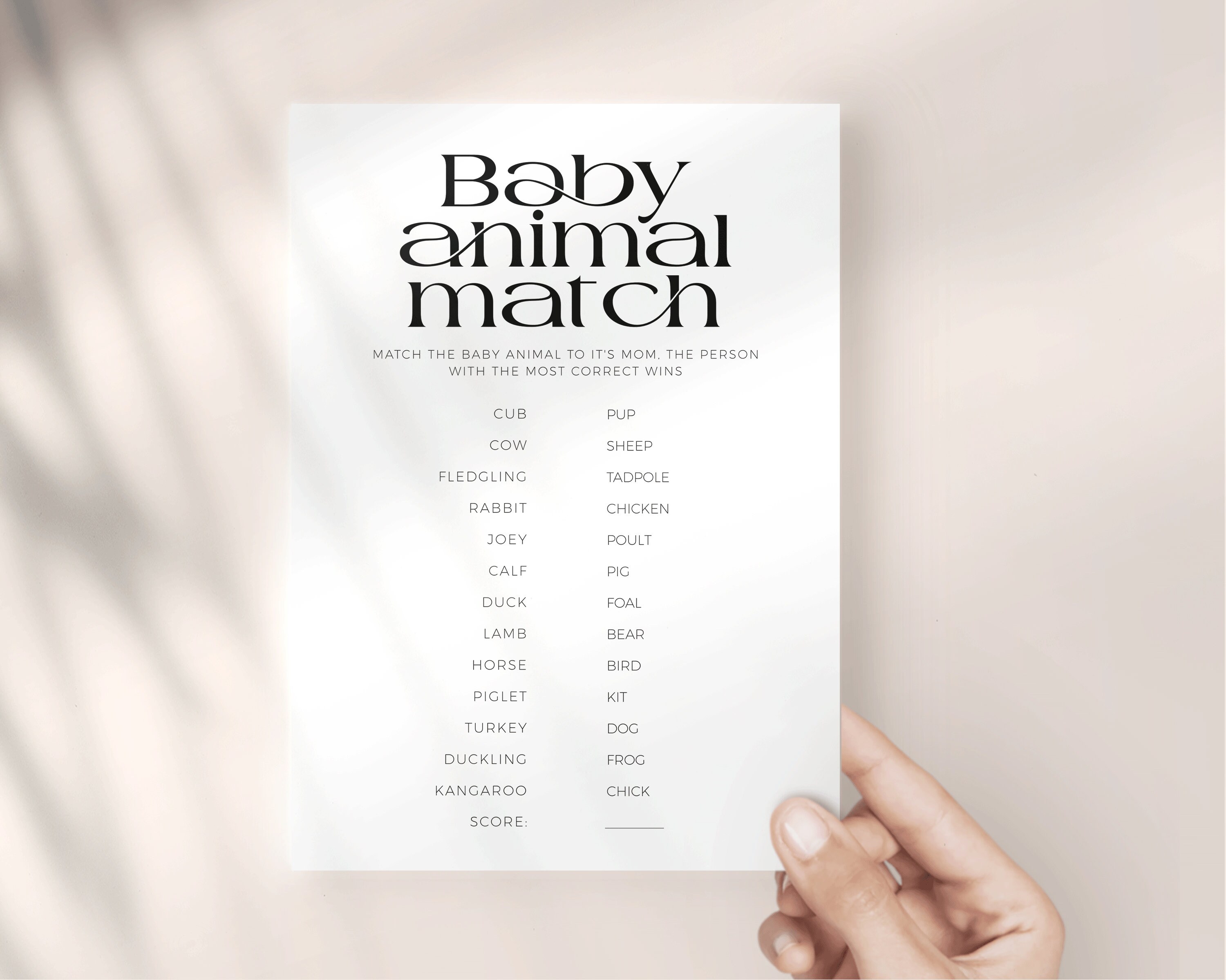 Fun Easy Baby Shower Games PRINTABLE Baby Animal Match With Answer Key ...