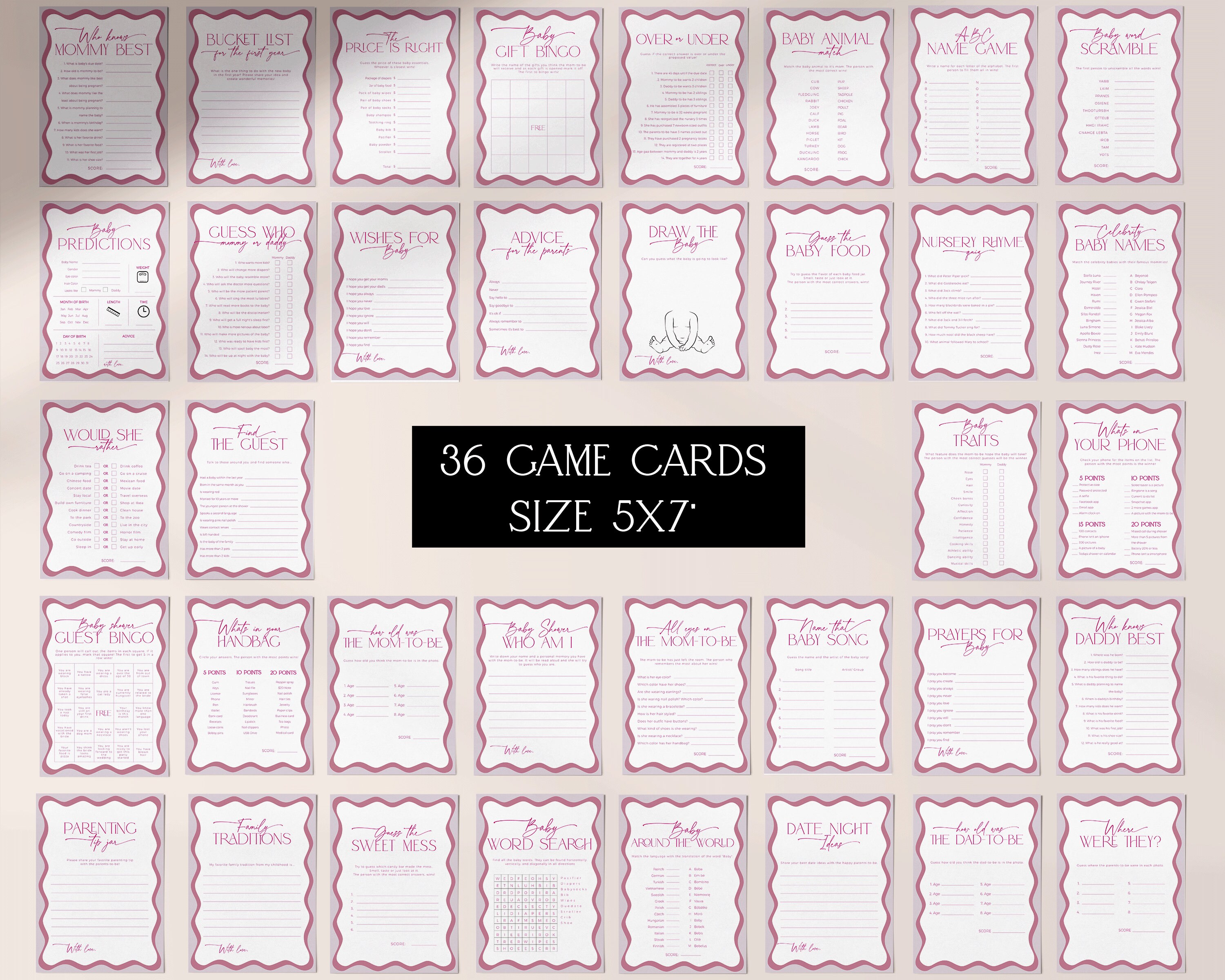 Wavy Printable Games for Baby Shower Dusty Rose, Editable Blush Pink ...