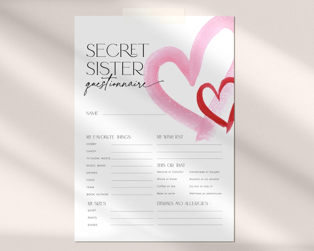 Secret Sister Survey Template, Heart Valentines Cupid Party Gift ...