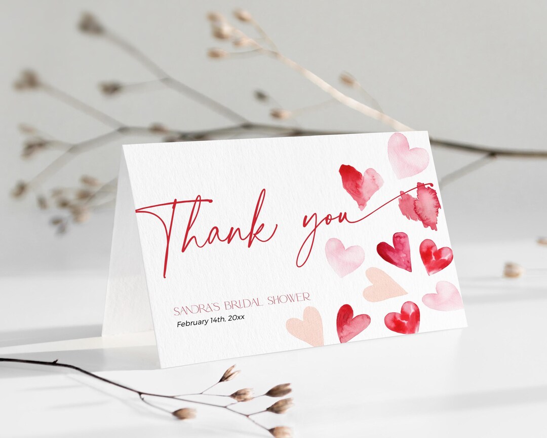 Valentine Thank You Card Bridal Shower, Pink and Red Hearts Thanks Note ...