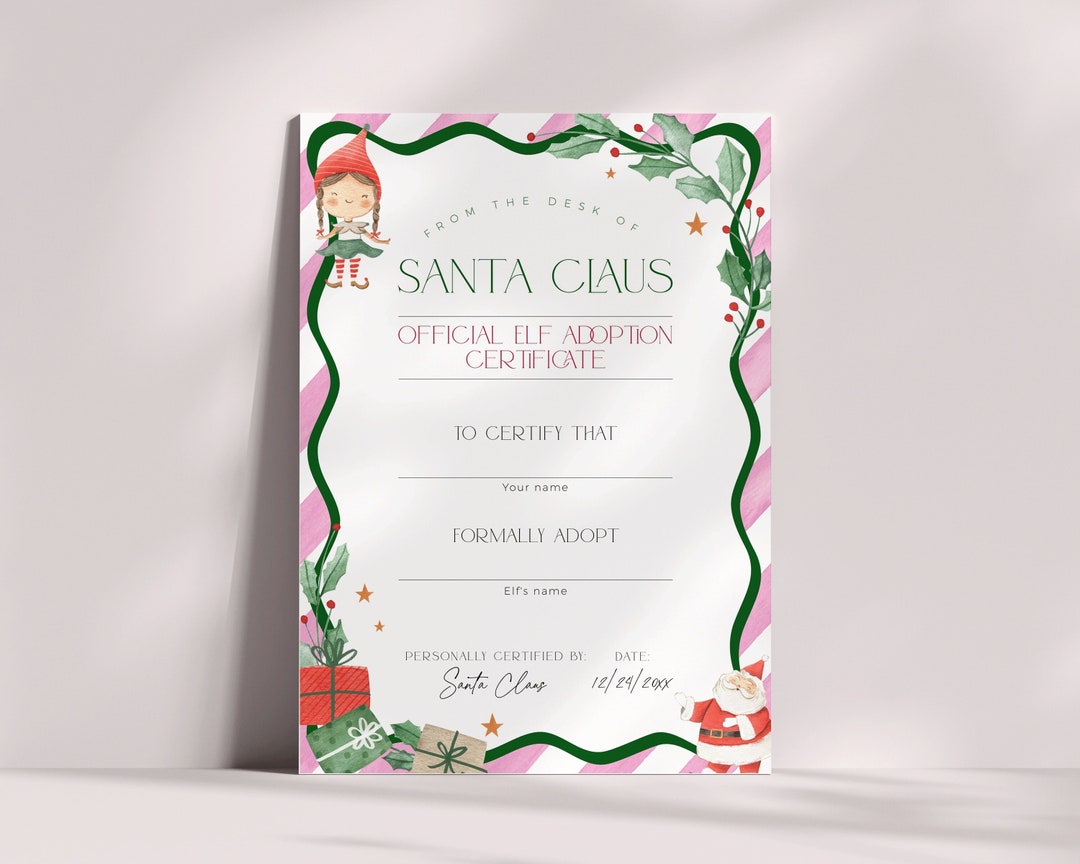 Elf Adoption Certificate PRINTABLE, Pink Adoption Letter Elf Girl ...