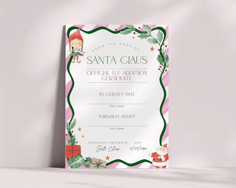 Elf Adoption Certificate PRINTABLE, Pink Adoption Letter Elf Girl ...