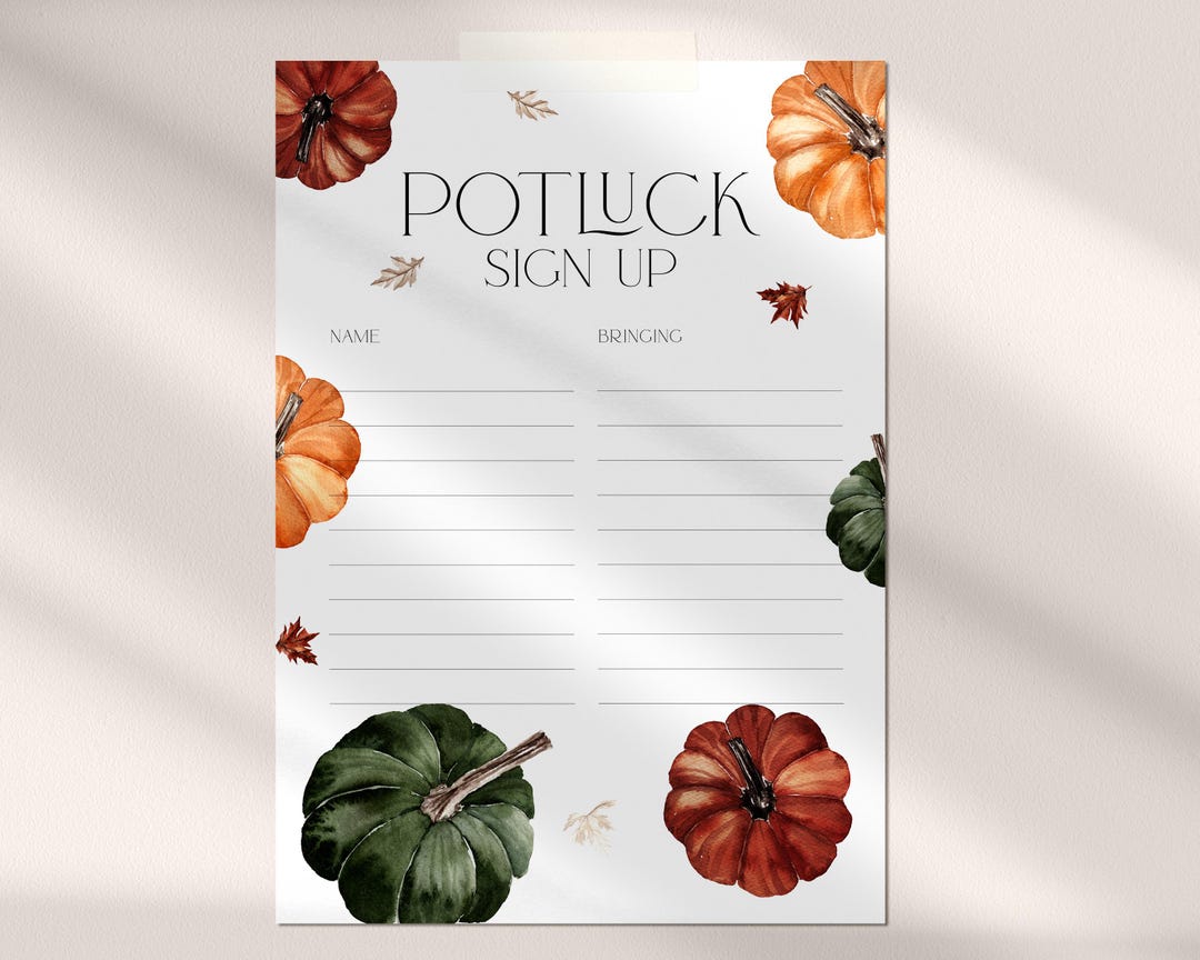 Thanksgiving Sign up Sheet Colorful Pumpkin, Fall Food Potluck List ...