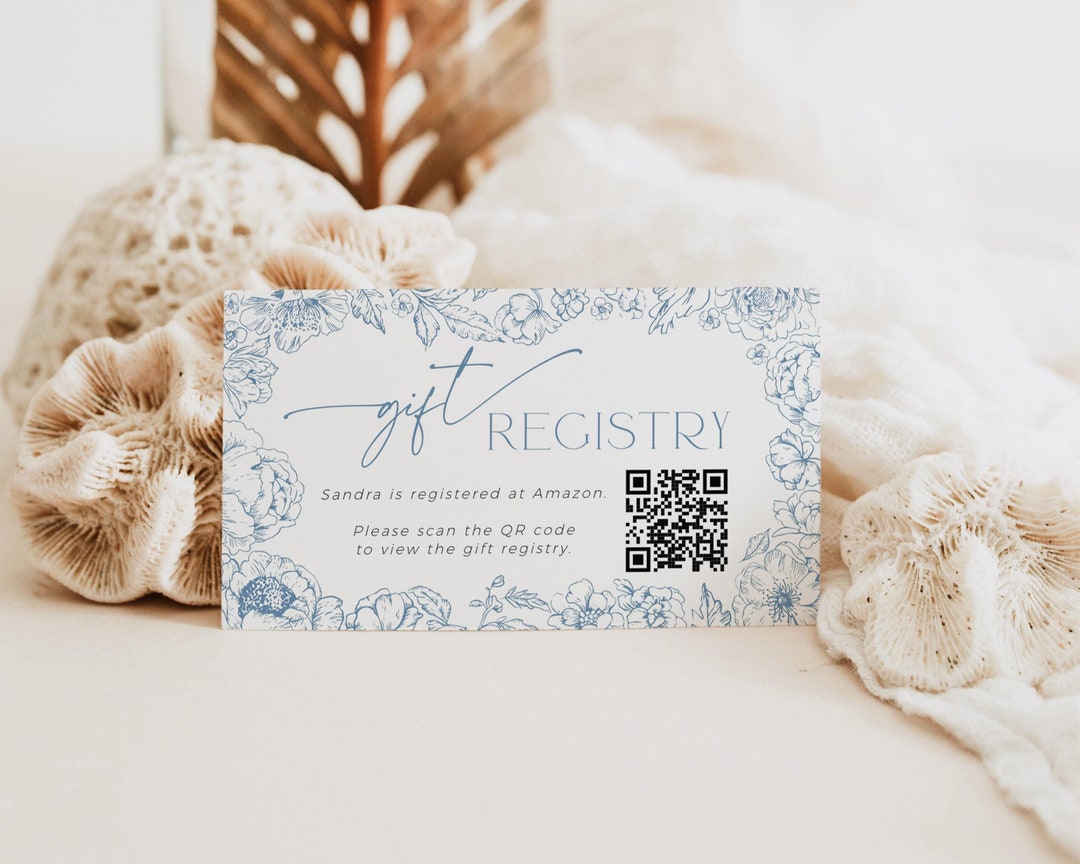 Blue Toile De Jouy Gift Registry QR Code Insert, Editable Floral ...