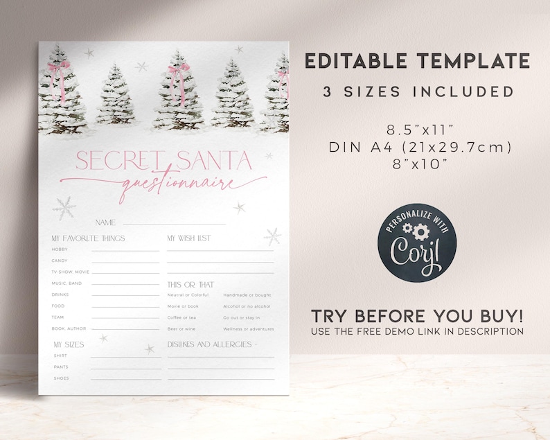 Pink Bow Secret Sister Survey Template, Christmas Santa Party Gift ...