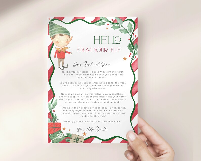 Carta de llegada de elfo de Papá Noel para imprimir, tarjeta de saludo ...
