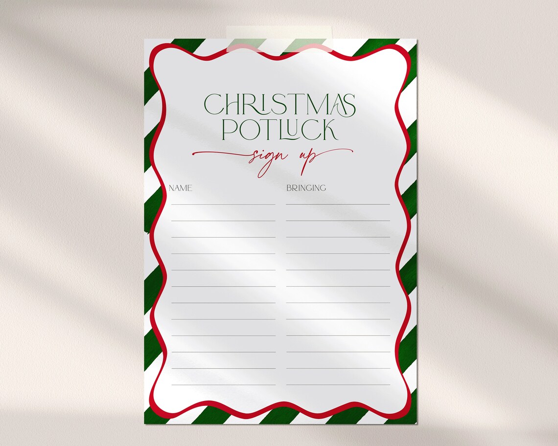 Holiday Party Potluck Sign up Sheet Template, Printable Xmas Dinner ...