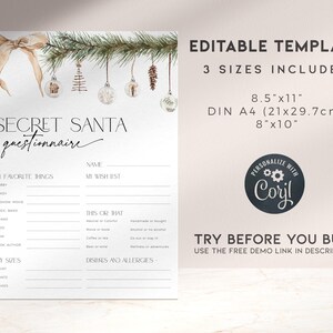 Secret Sister Survey Template, Christmas Bow Santa Party Gift Exchange ...