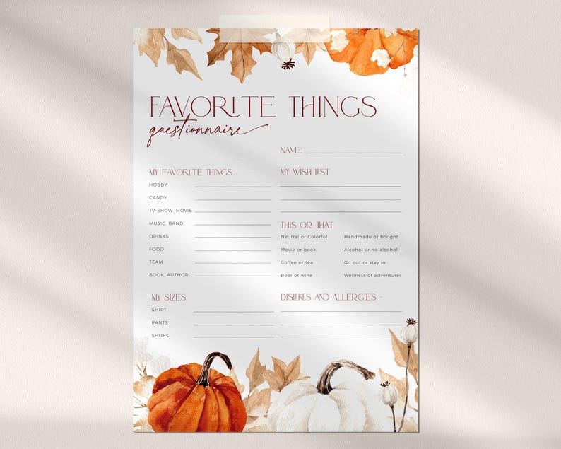 Teacher Favorite Things Questionnaire Printable, Editable Fall Buddy ...