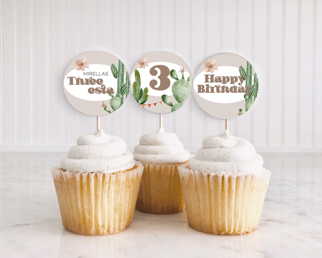 Three Esta Birthday Cupcake Decorations, Cactus 3rd Birthday Cake ...