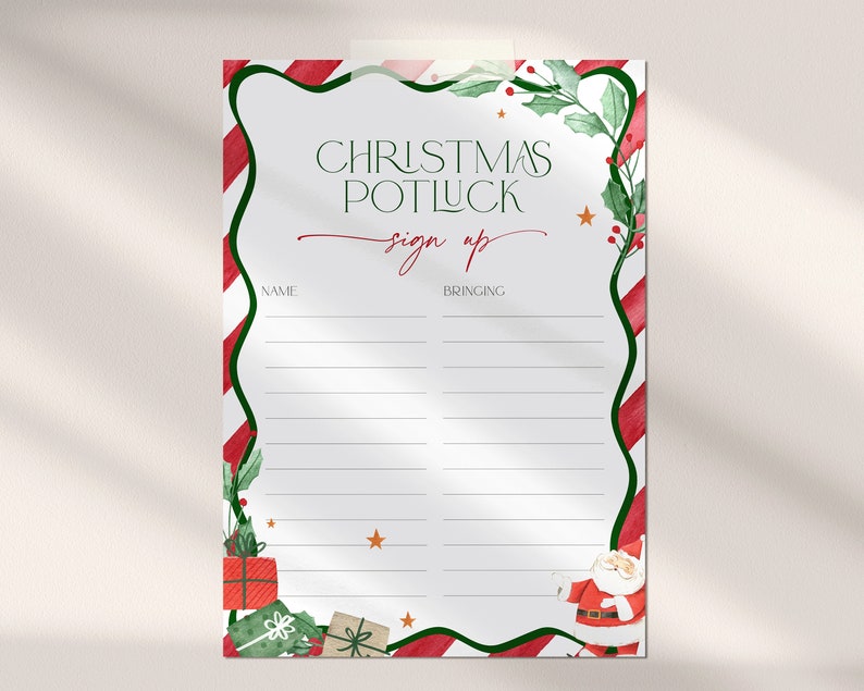 Christmas Potluck List Sign up Template for Office, Printable Xmas Work ...
