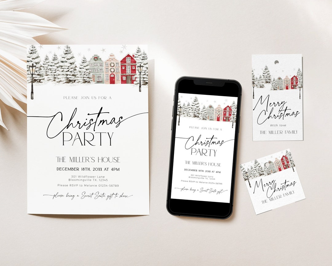 Christmas Party Invitation Set, Printable Holiday Text Invite, Snowy ...