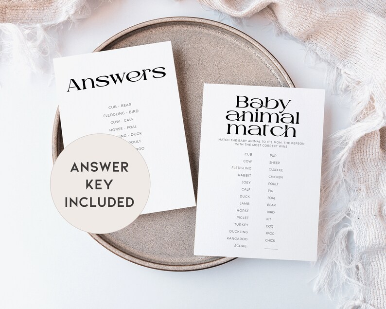 Fun Easy Baby Shower Games PRINTABLE Baby Animal Match With Answer Key ...