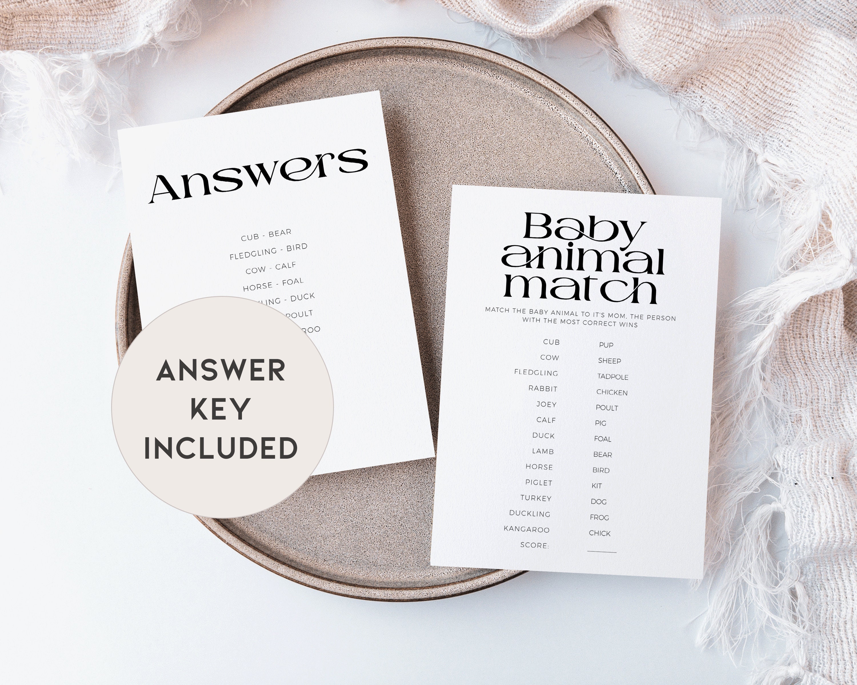 Fun Easy Baby Shower Games PRINTABLE Baby Animal Match With Answer Key ...