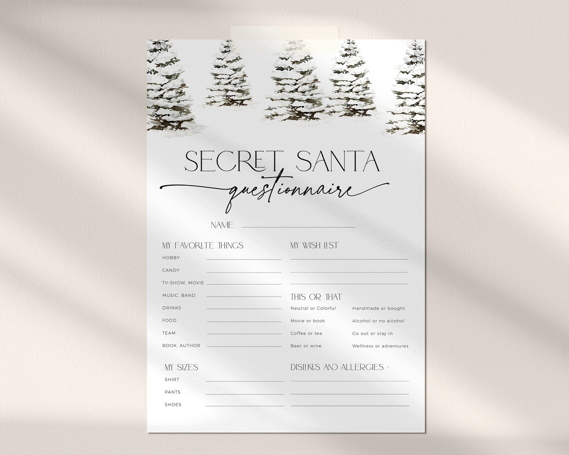 Secret Santa Questionnaire Template, Printable Office Christmas Party ...
