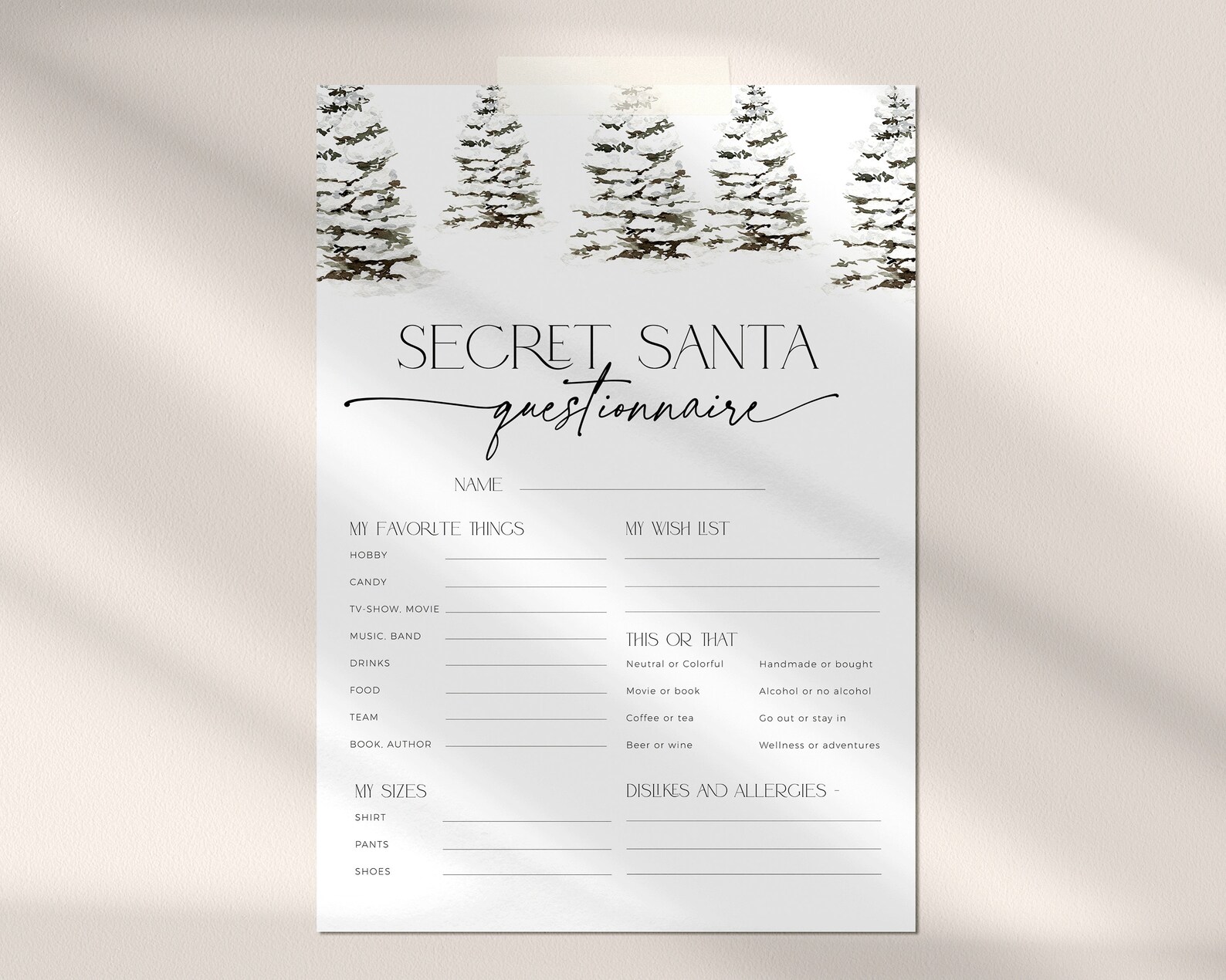 Secret Santa Questionnaire Template, Printable Office Christmas Party ...