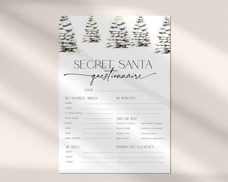 Secret Santa Questionnaire Template, Printable Office Christmas Party ...