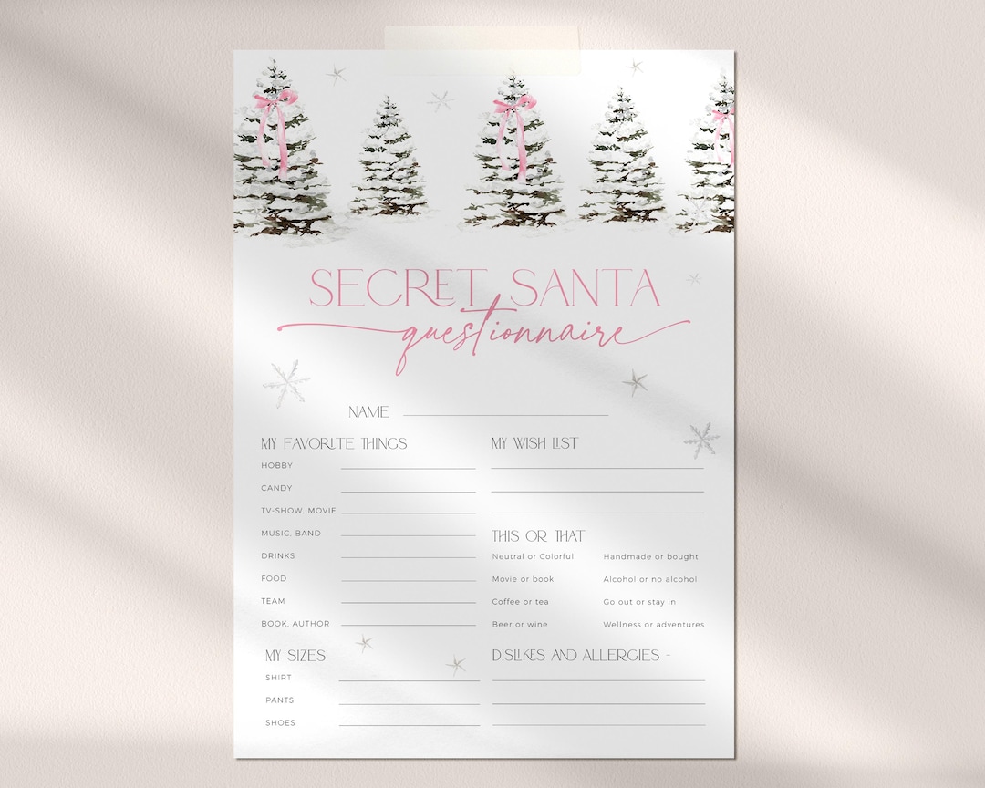 Pink Bow Secret Sister Survey Template, Christmas Santa Party Gift ...