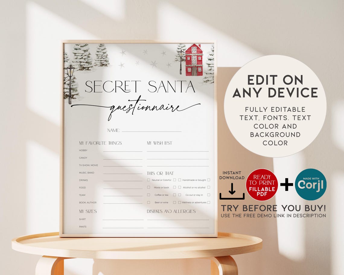 Secret Santa Gift Exchange Questionnaire, Printable Office Christmas ...