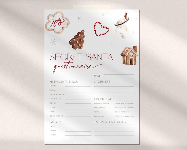 Secret Santa Questionnaire Template Gingerbread, Christmas Cookie Party ...