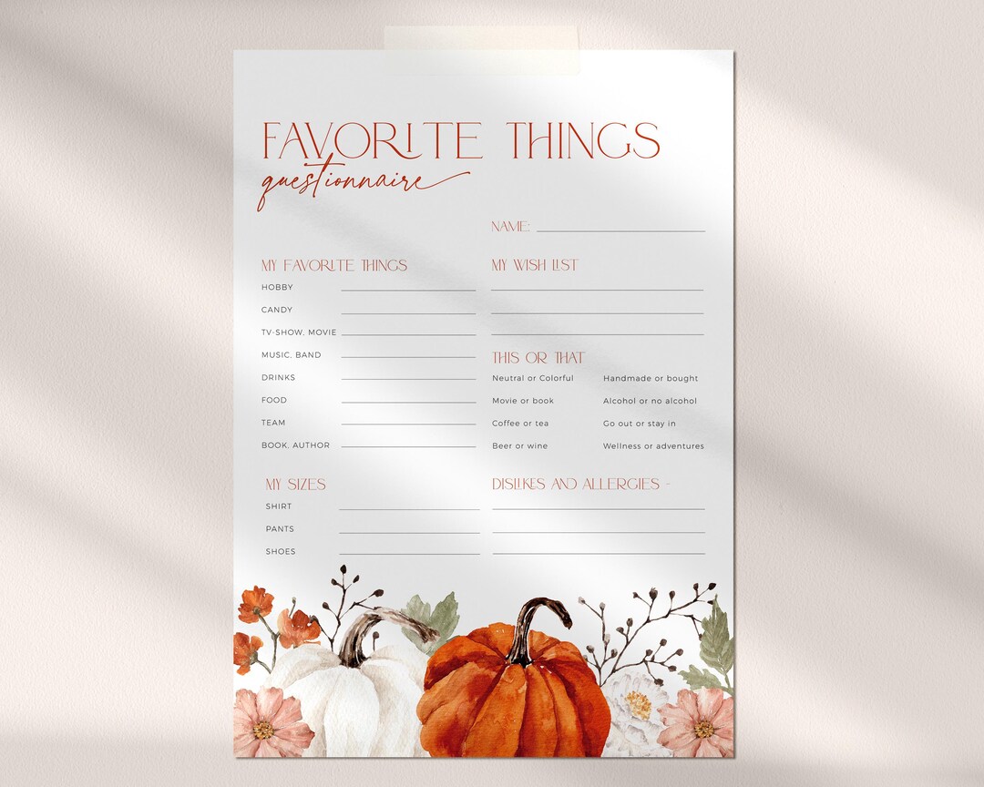 Thanksgiving Favorite Things Questionnaire, Editable Fall Santa Buddy ...