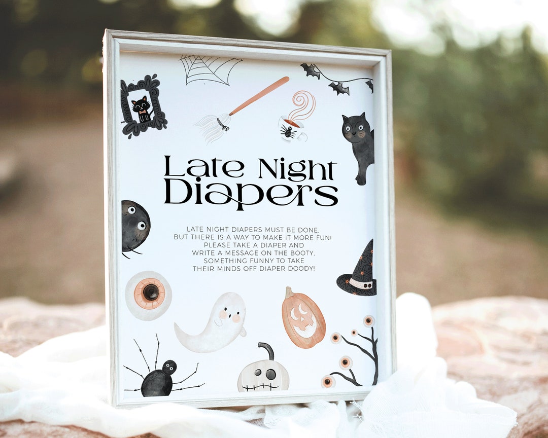 Pastel Halloween Late Night Diapers Sign Baby Shower Game Neutral Pink ...