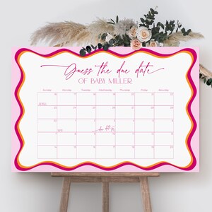 Pink Wavy Border Guess the Due Date Poster Calender Game, Baby Shower ...
